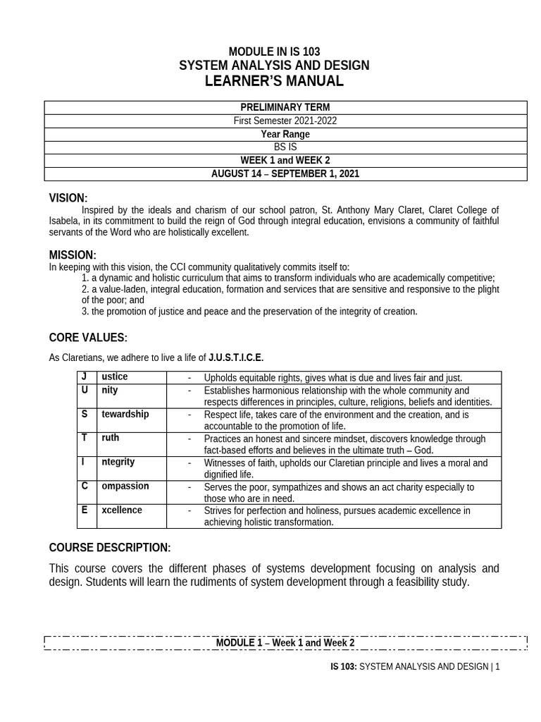 IS 103 PRELIM MODULE 1 Week 1 and Week 2 SY21-22 1T | PDF | Software Development Process | System