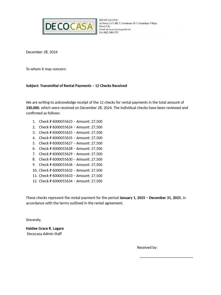 TRANSMITTAL RENTAL PAYMENT | PDF