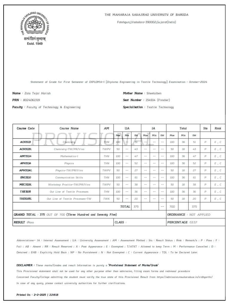 1st sem result - MSUIS | PDF | Educational Stages | Qualifications