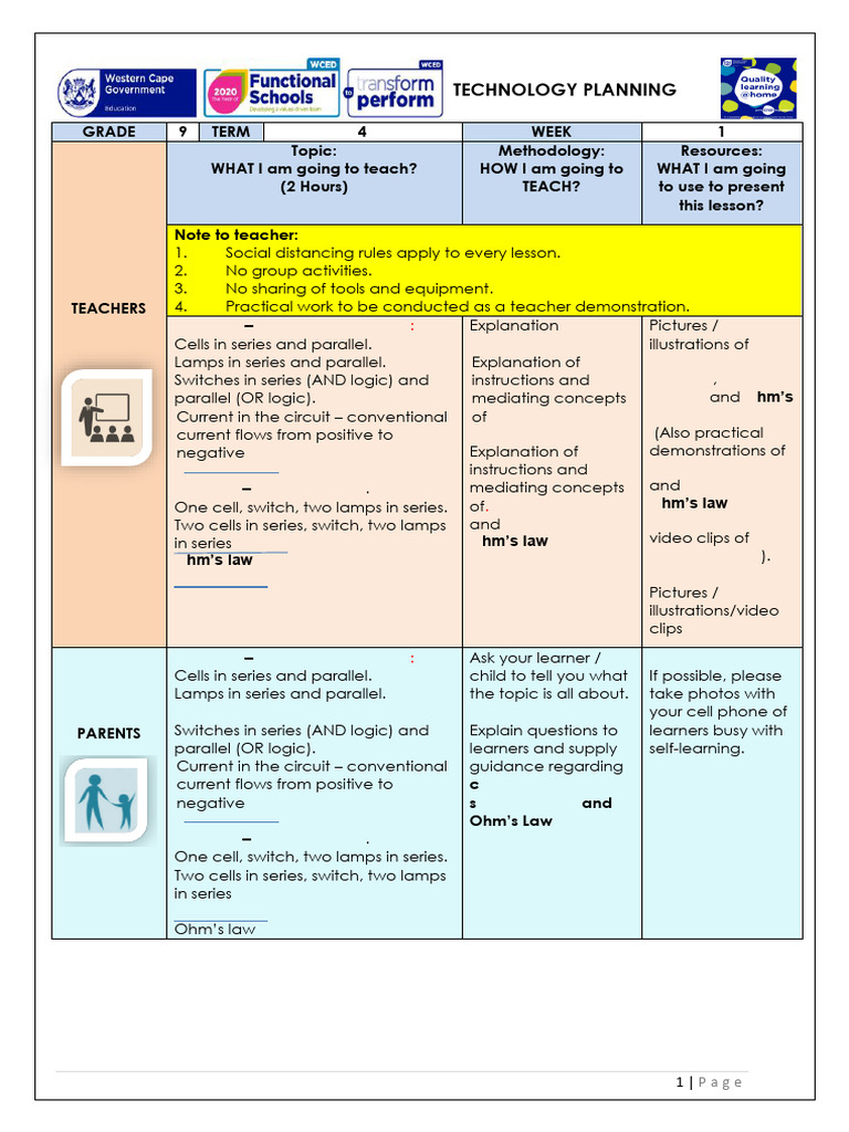 Lesson Plan Gr9 Technology T4 W1 | PDF | Series And Parallel Circuits ...