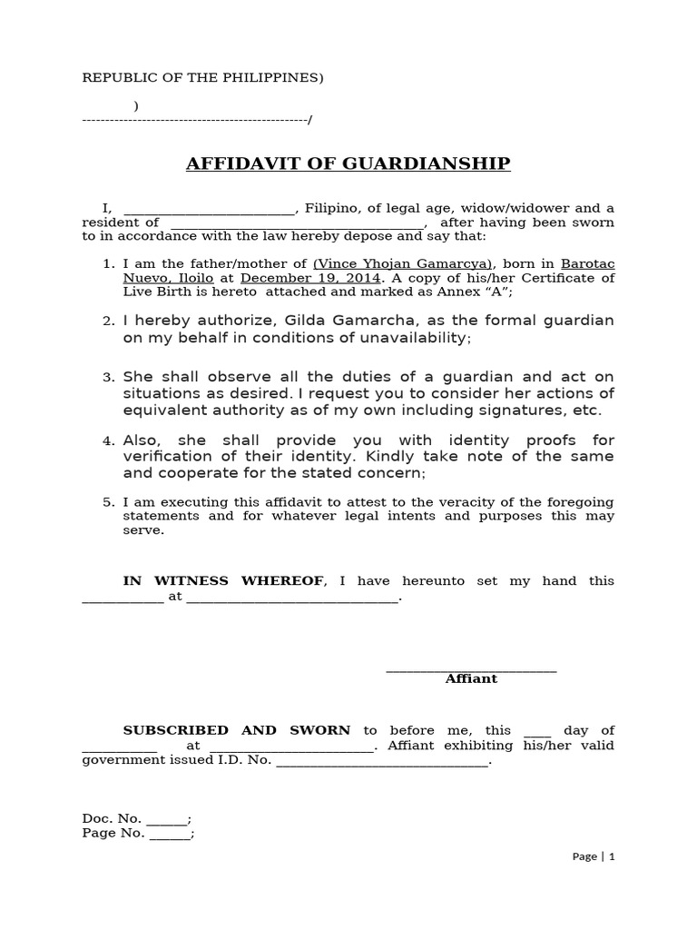 Affidavit of Guardianship Sample | PDF