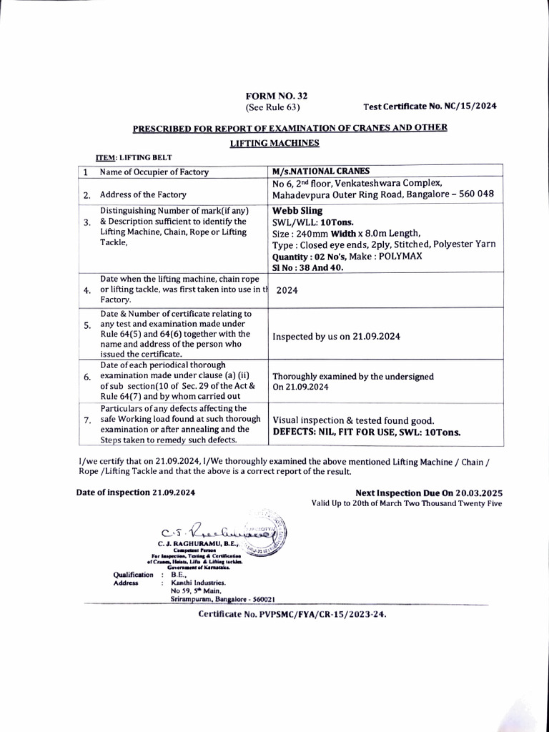 10 Ton Lifting Belt Certification Report | PDF