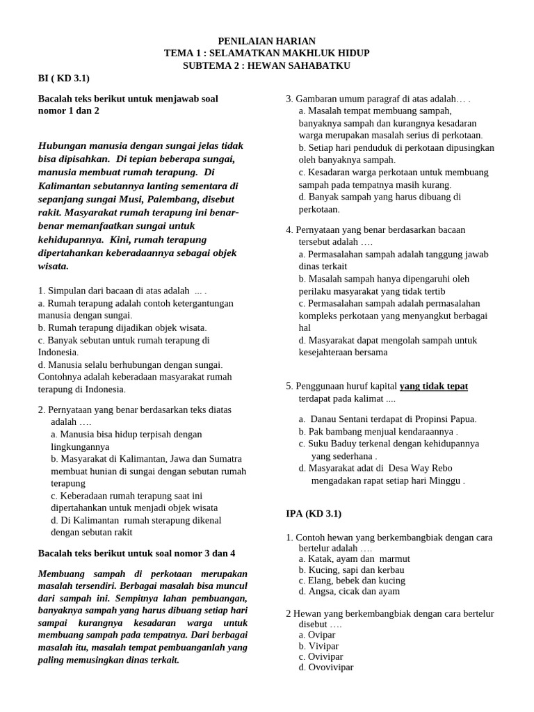 PENILAIAN HARIAN TEMA 1 ST 2 | PDF