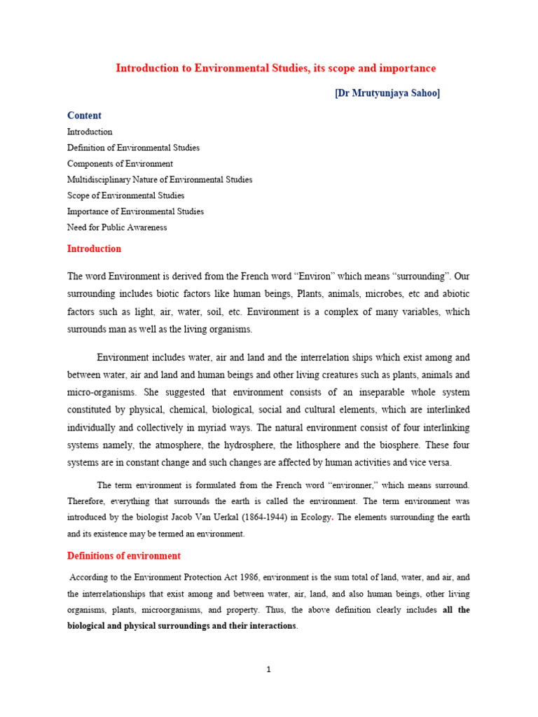 Introduction To Environmental Studies, Its Scope and Importance | PDF ...