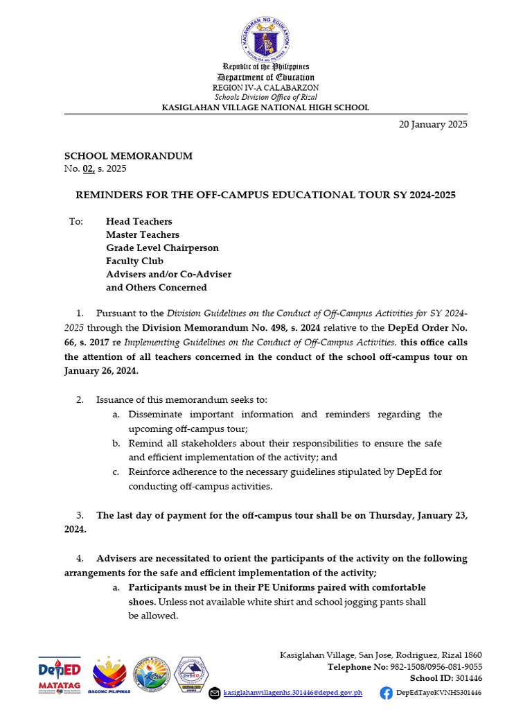 Sm02s2025_reminders for the Off-campus Educational Tour 2023-2024 | PDF