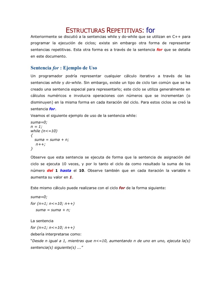 Estructura Repetitiva For | PDF | Lenguaje de programación | Programación de computadoras