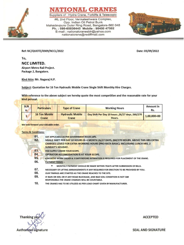 Crane Quotation for Monthly Hire | PDF