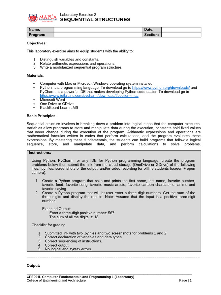 Python Sequential Structures Lab Exercise | PDF | Computer Program ...