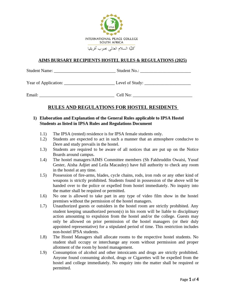 AIMS Hostel Rules & Bursary Guidelines | PDF | Justice | Crime & Violence