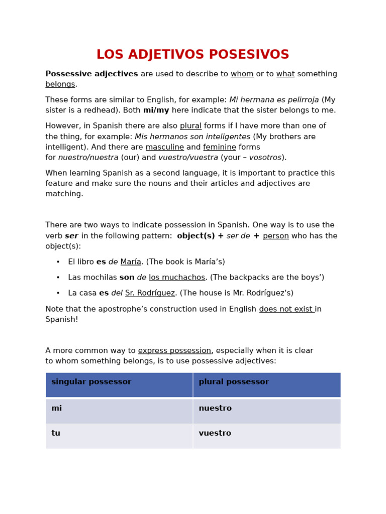 5.2 Los Adjetivos Posesivos | PDF | Grammatical Gender | Grammatical Number