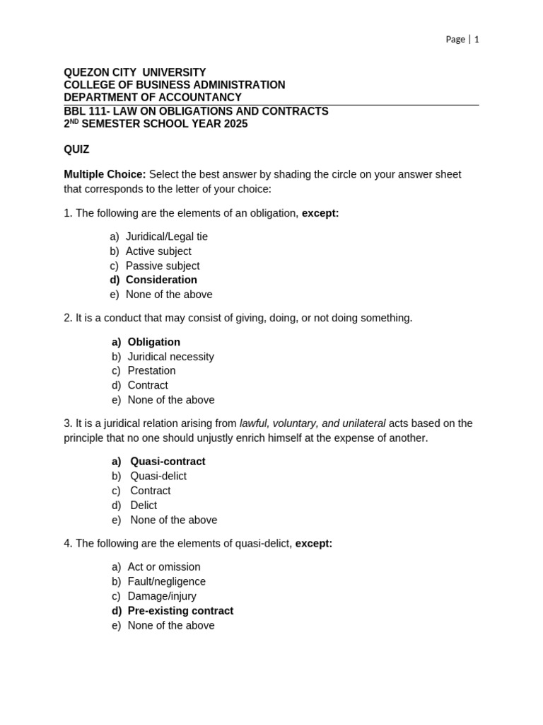 2.6.25 QUIZ OBLICONBL 111.QCU Exam Docx 1 | PDF | Law Of Obligations | Damages