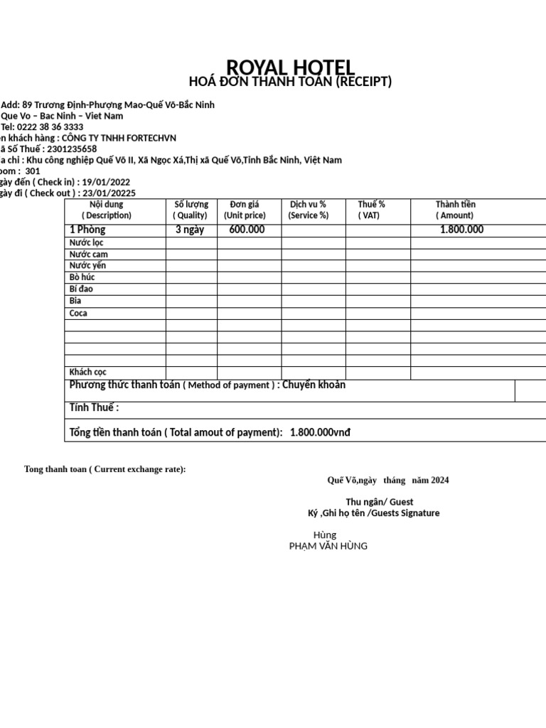 Royal Hotel: Hoá Đơn Thanh Toán (Receipt) | PDF