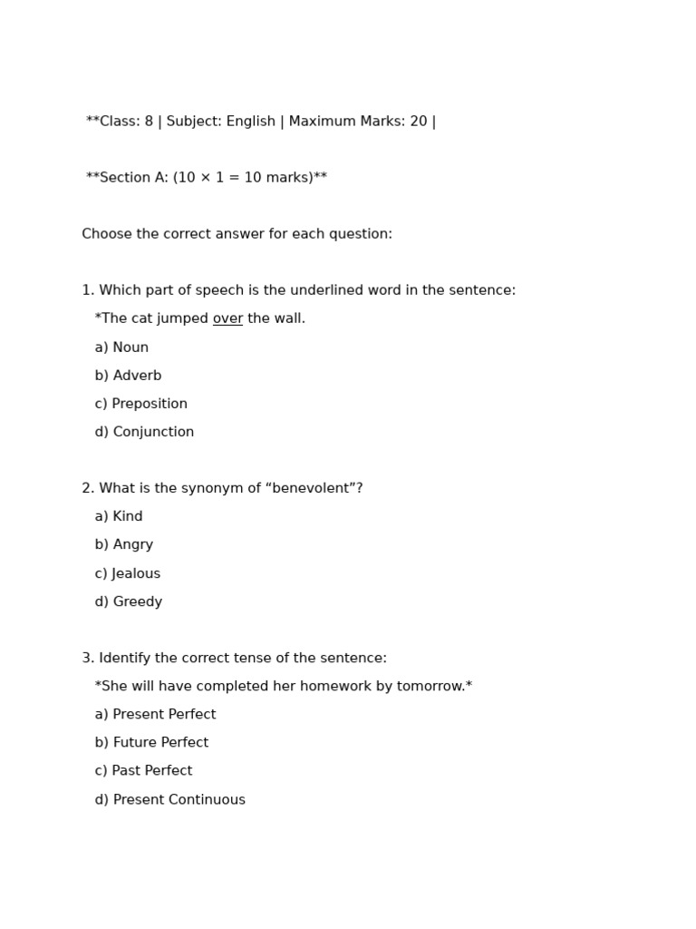 2026 English Paper Pattern for Class 8 | PDF