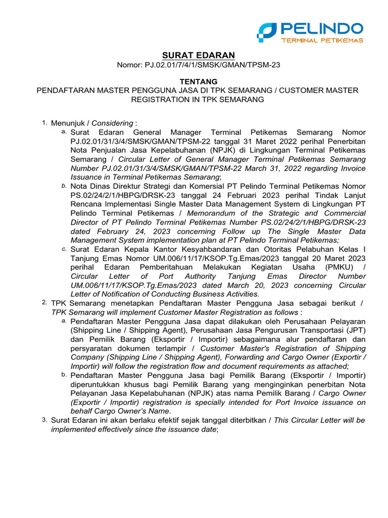 SE GM TPKS Tanggal 7 April 2023 Tentang Pendaftaran Master Pengguna Jasa Di TPK Semarang | PDF