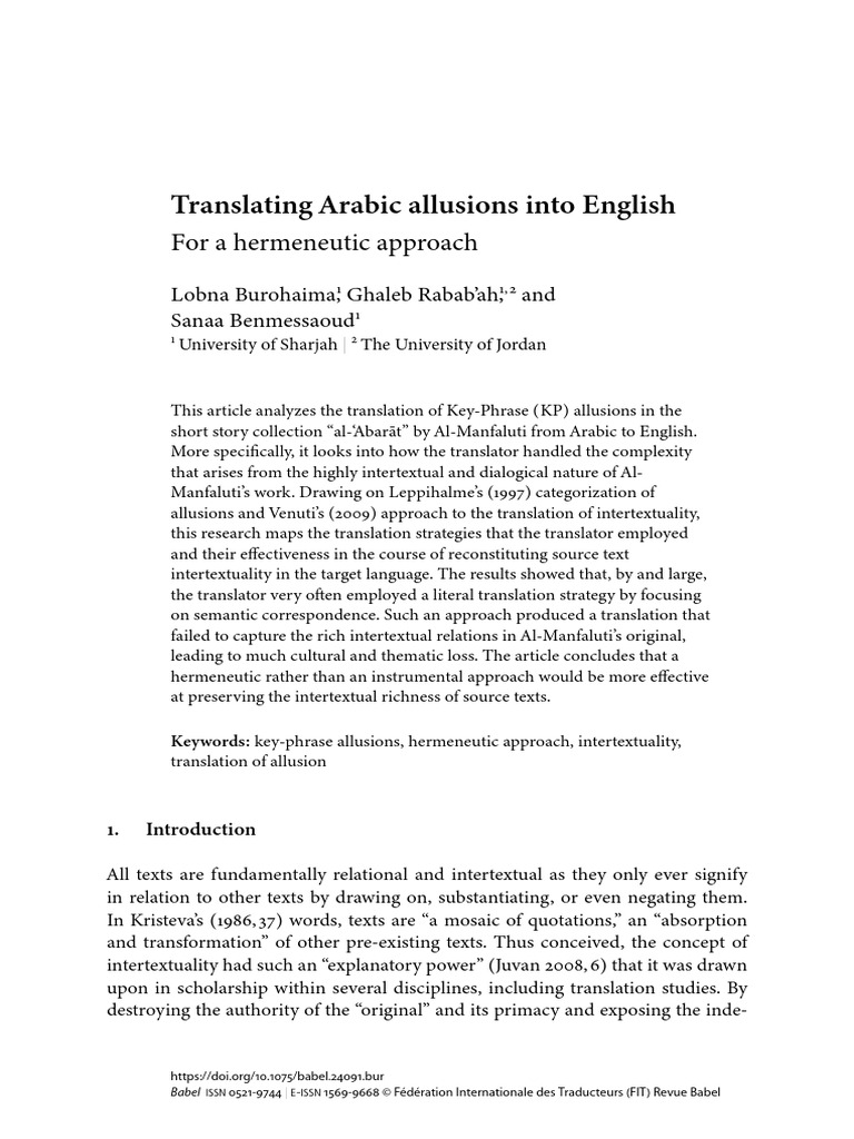 Article - Translation of Allusion | PDF | Intertextuality | Translations