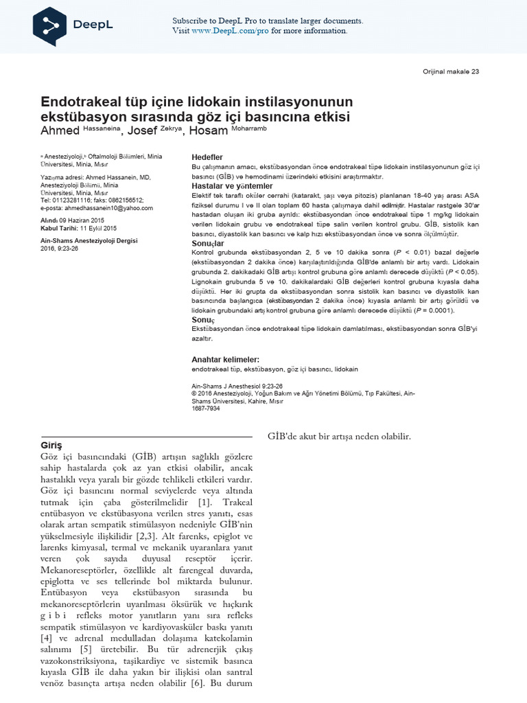 Sırasında Basıncına: Endotrakeal Tüp Içine Lidokain Instilasyonunun ...
