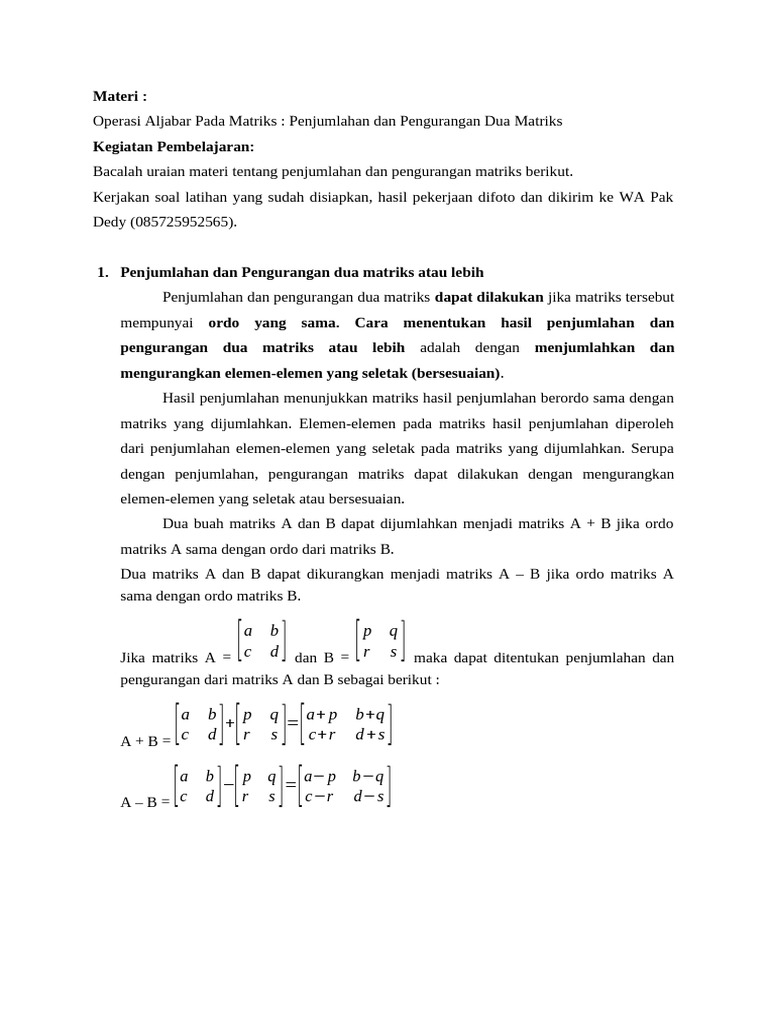 Kelas XI_Matriks_Penjumlahan dan Pengurangan Matriks | PDF
