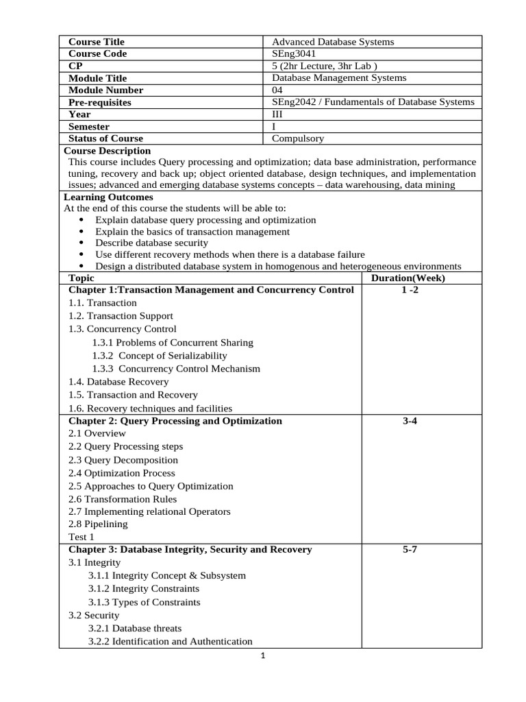 Advanced Database Systems Course Outline | PDF | Databases | Database Transaction