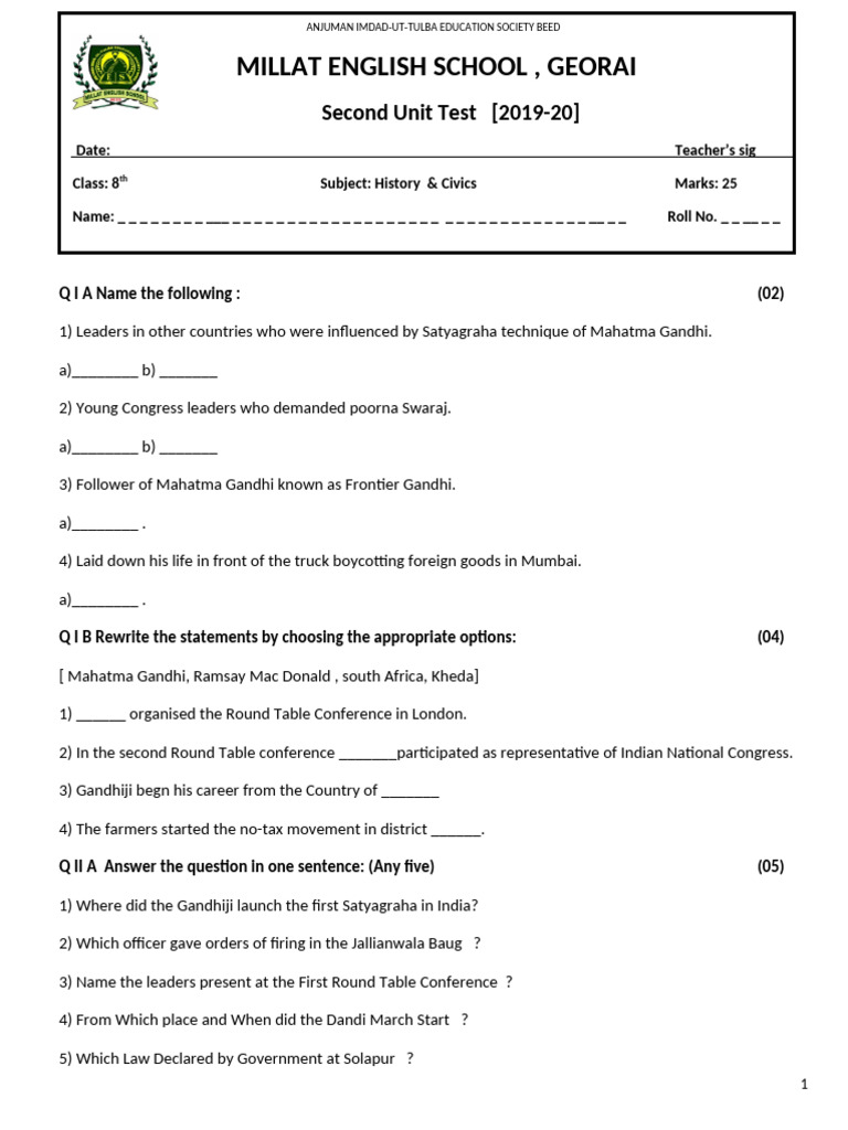 8th History Second Unit Test 2019-20. | PDF | Mahatma Gandhi | British ...