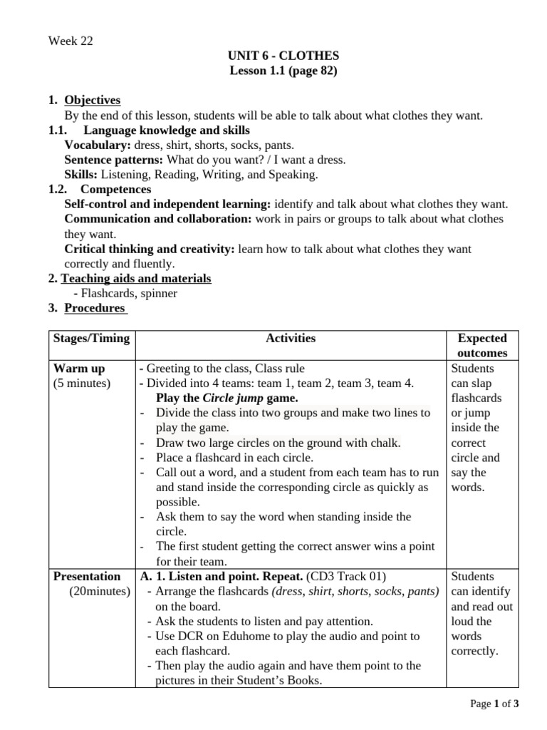 Lesson Plan: Clothes Vocabulary Unit | PDF | Linguistics | Learning