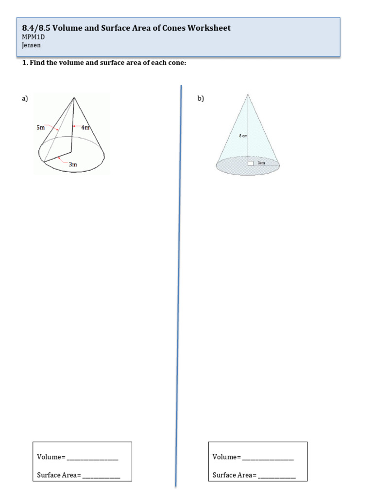 Cone Volume and Surface Area Worksheet | PDF | Volume | Area