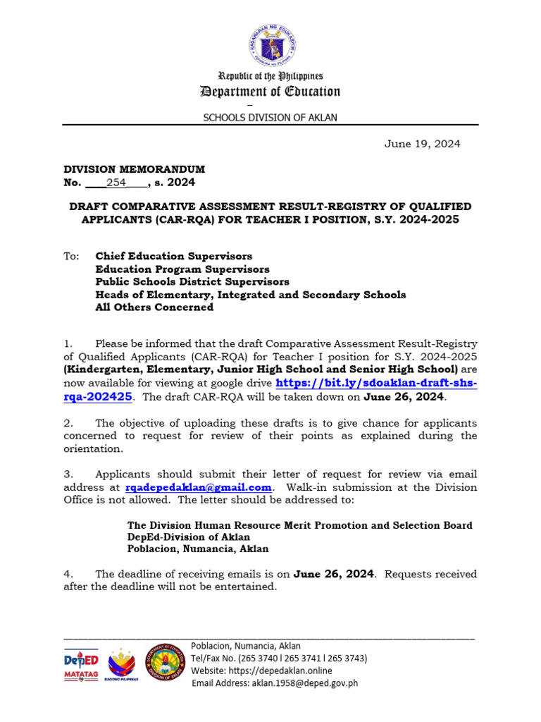 2024-2025 Teacher I RQA Results Draft | PDF