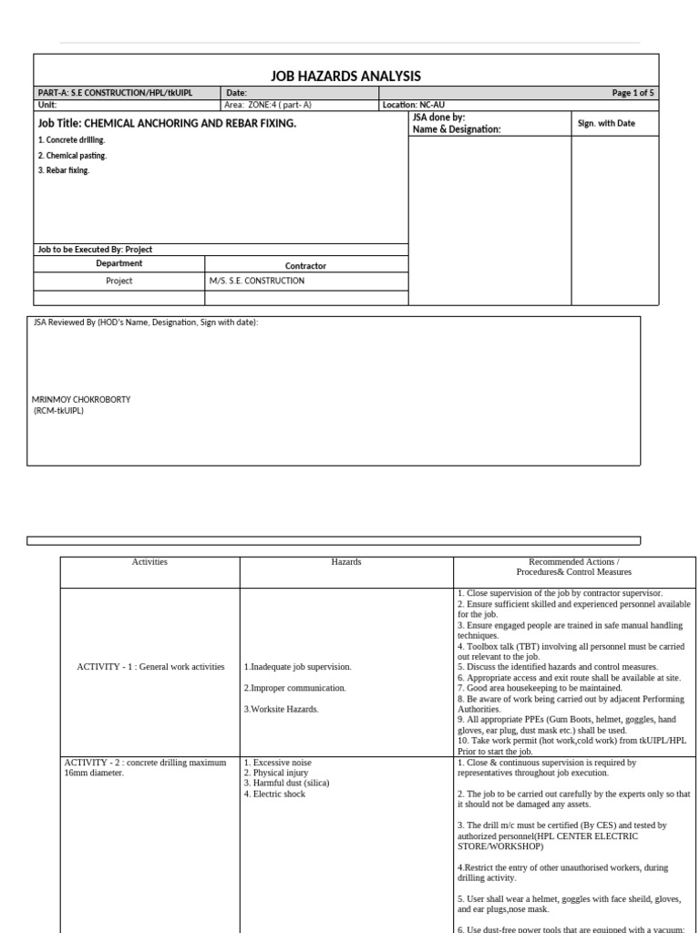 Job Hazards Analysis for Chemical Anchoring | PDF | Personal Protective ...