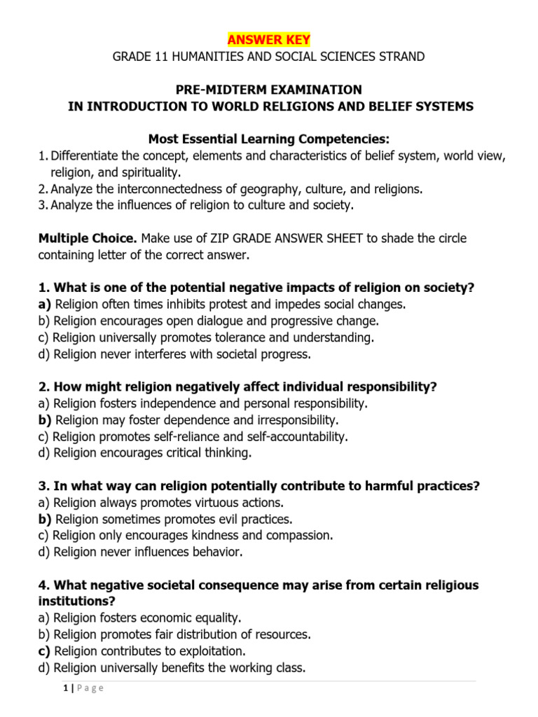Answer Key Pre-Midterm Exam in World Religions | PDF | Theism ...