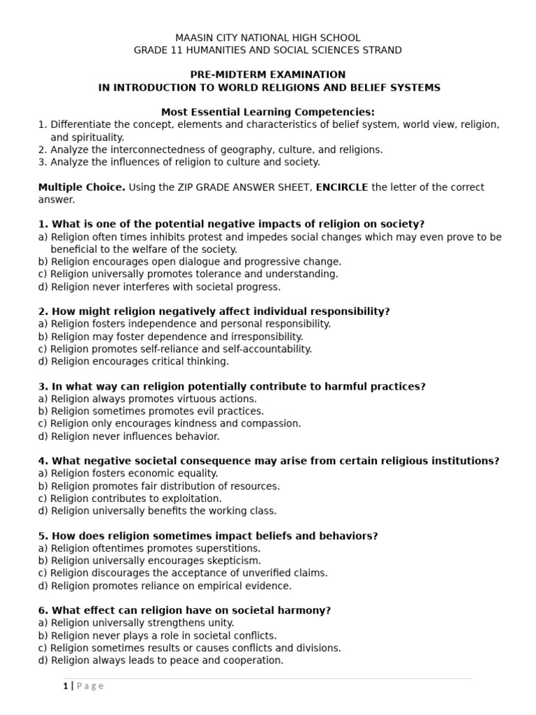 Grade 11 Exam: World Religions Insights | PDF | Spirituality | Theism