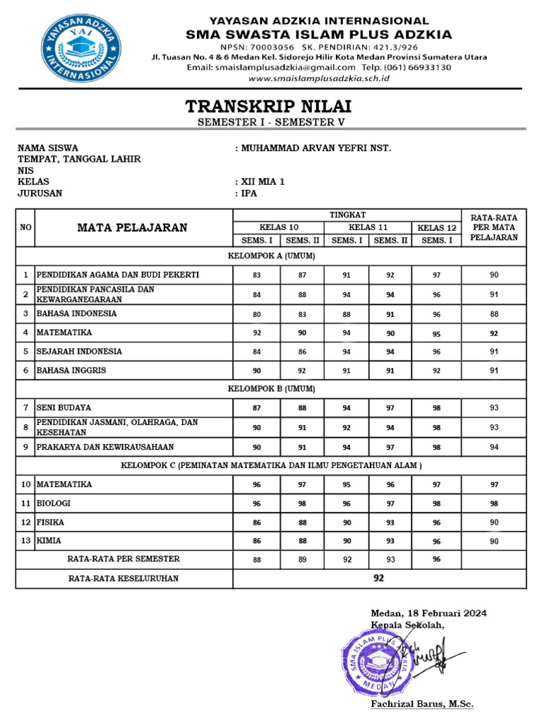 Transkrip Nilai Muhammad Arvan Yefri NST | PDF