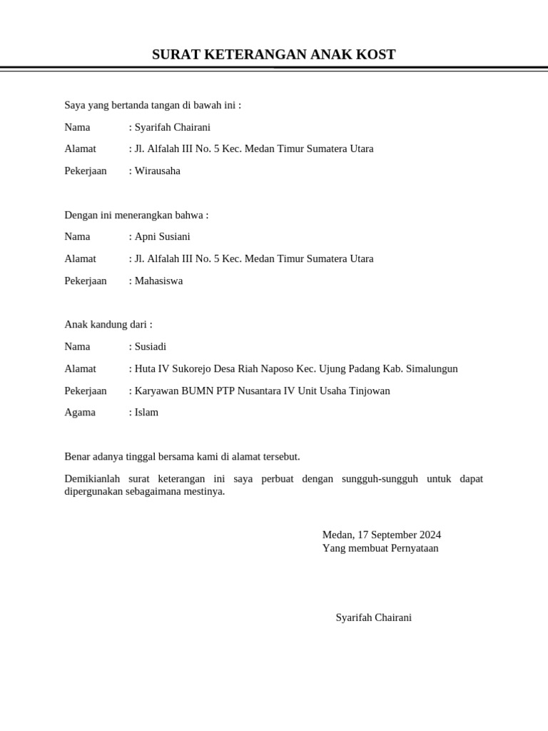 SURAT KETERANGAN ANAK KOST | PDF