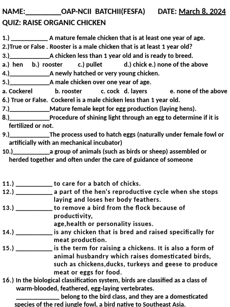 QUIZ 2-8-2024 | PDF | Chicken | Poultry