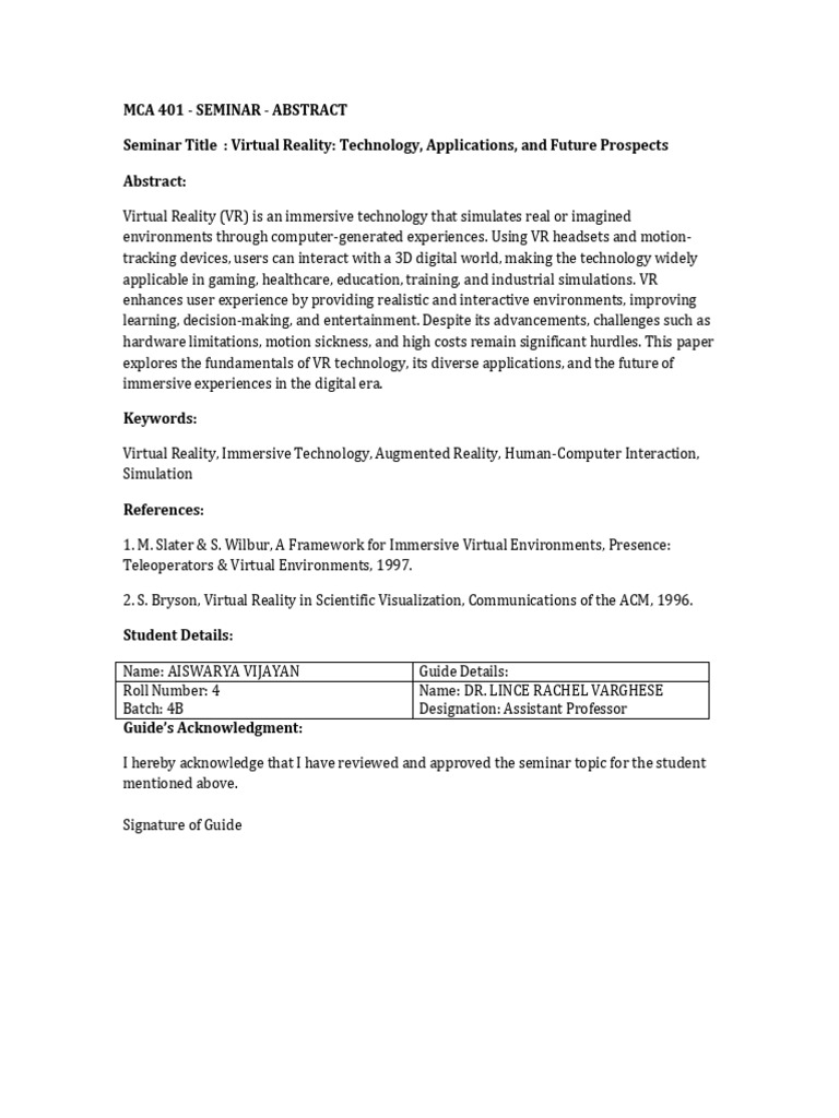 Virtual Reality Seminar Abstract | PDF