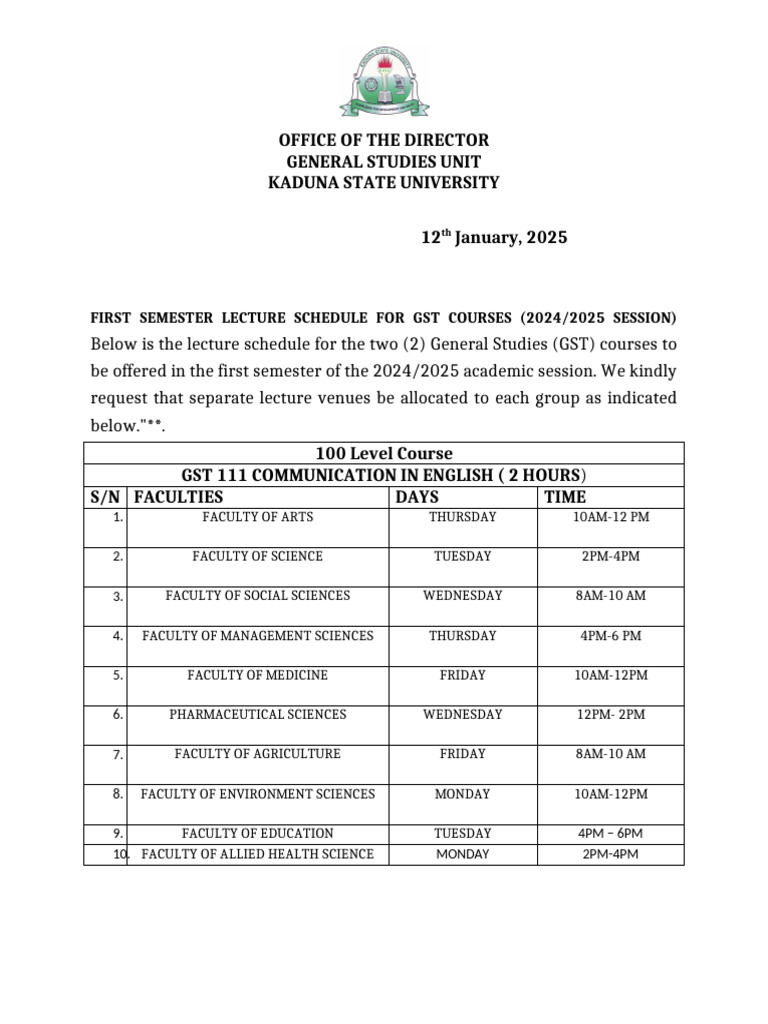 2024/2025 GST Lecture Schedule | PDF