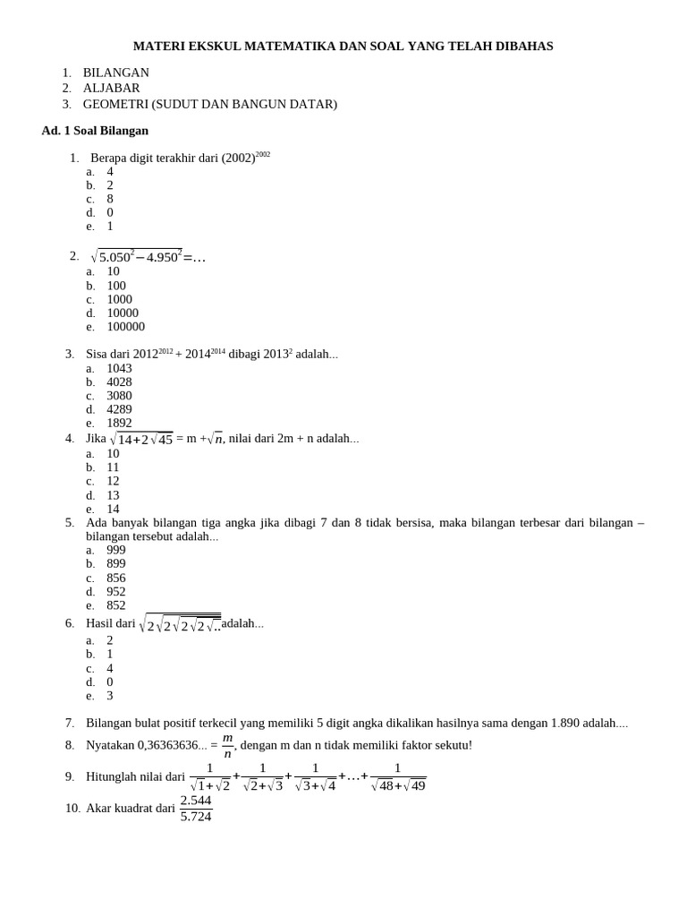 Materi Ekskul Matematika Dan Contoh Soal Yang Dibahas | PDF