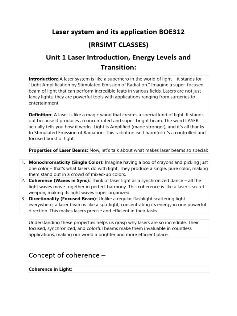 Laser System and Its Application BOE312 Unit 1 Notes | PDF | Coherence ...