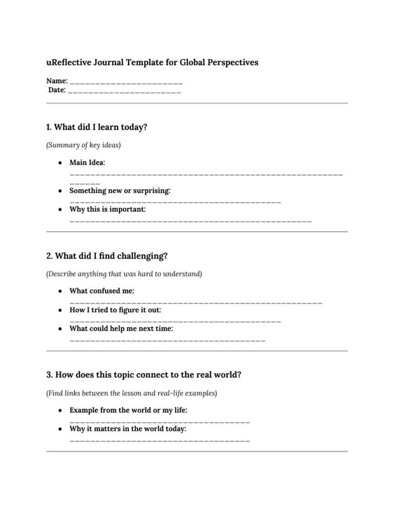 Reflective Journal Template For Global Perspectives | PDF