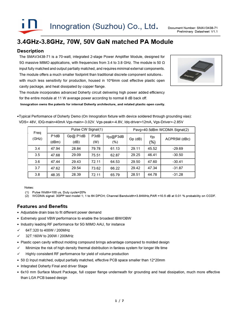 3.4-3.8GHz 70W GaN PA Module Datasheet | PDF | Amplifier | Electromagnetism