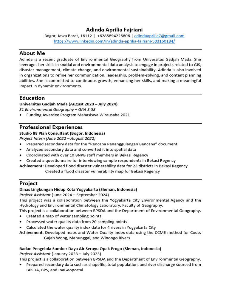 CV - Adinda Aprilia Fajrianii | PDF | Earth Sciences
