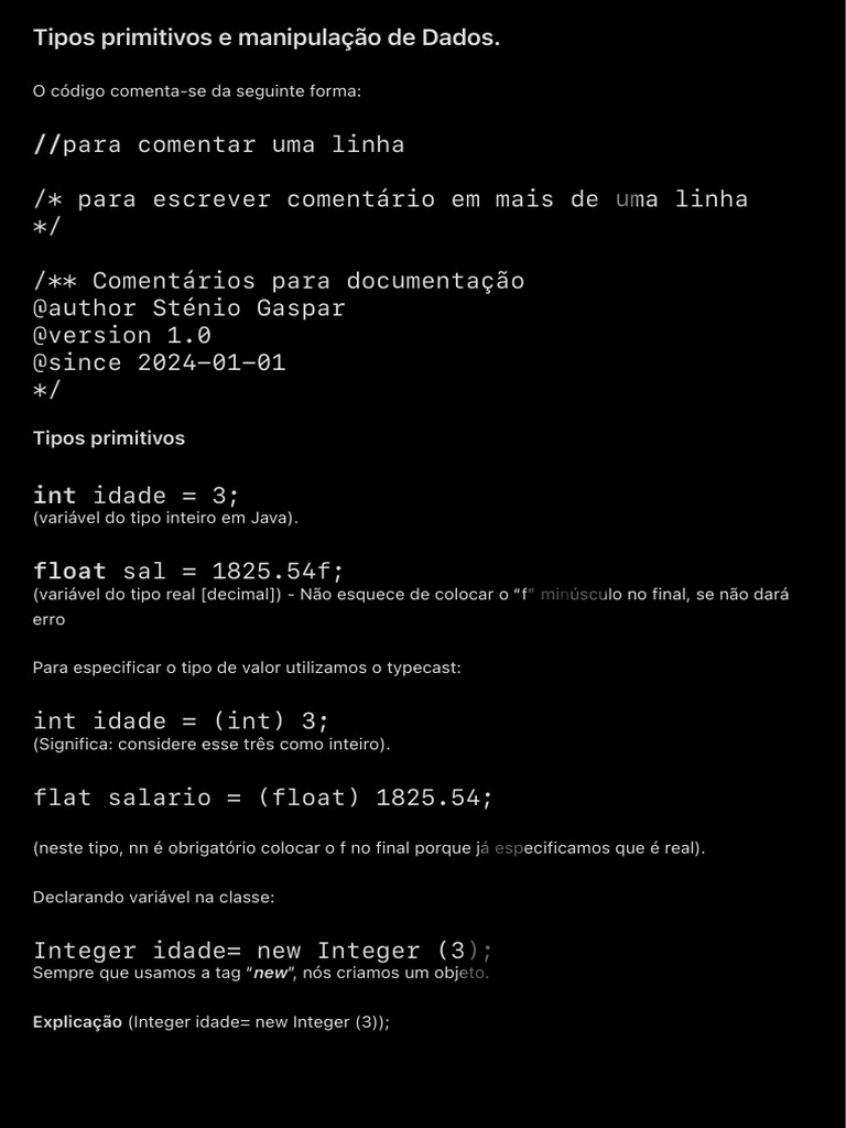 Tipos Primitivos e Manipulação de Dados | PDF | Classe (programação de ...