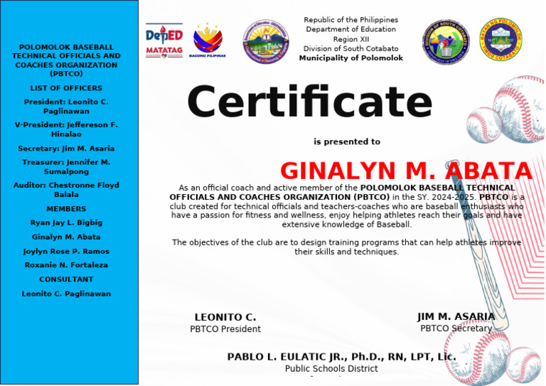 Certificate For Inset 2023-2024 BASEBALL | PDF