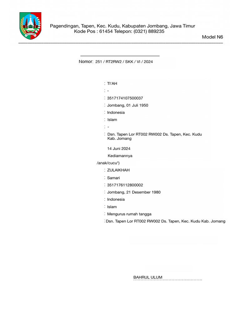 Blangko Model N6 S. Ket. Kematian | PDF