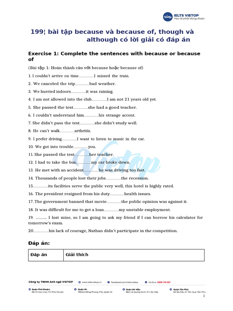 (PDF) Bài Tập Because Và Because of, Though Và Although | PDF