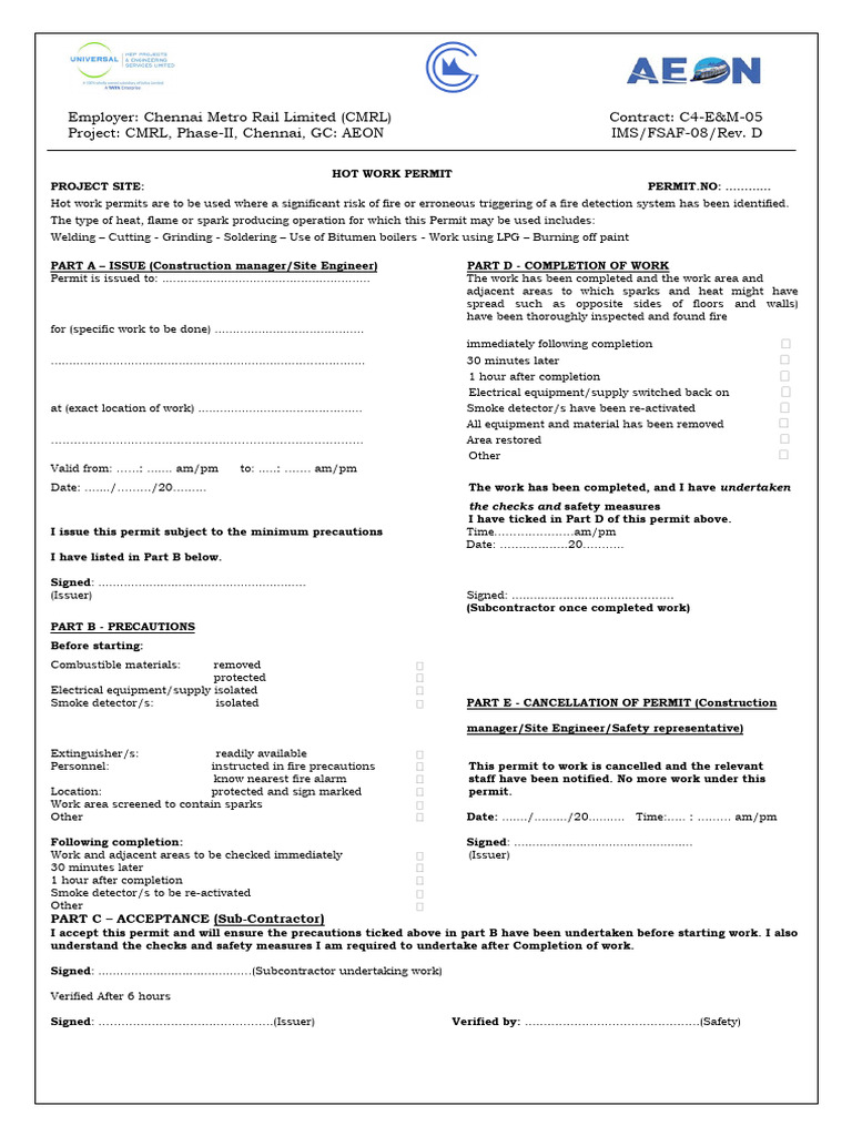 IMS FSAF-08 Hot Work Permit | PDF | Safety | Fires