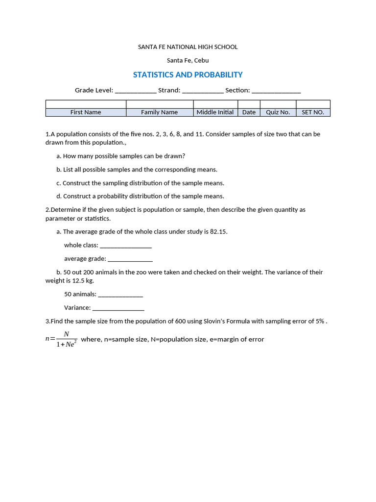 Sampling Distribution Quiz | PDF