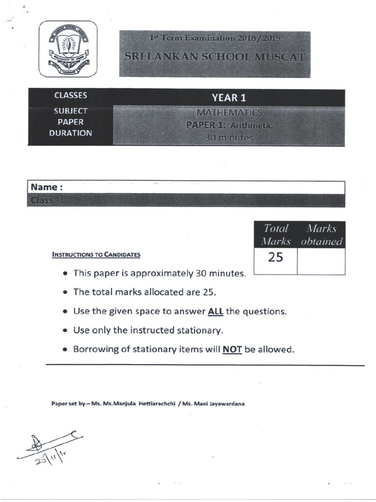 Year 1 Mathematics Paper 1 2018-2019 | PDF