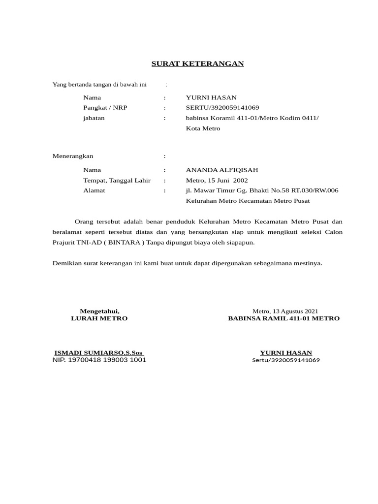 Ket Untuk Buat Daftar Tni | PDF