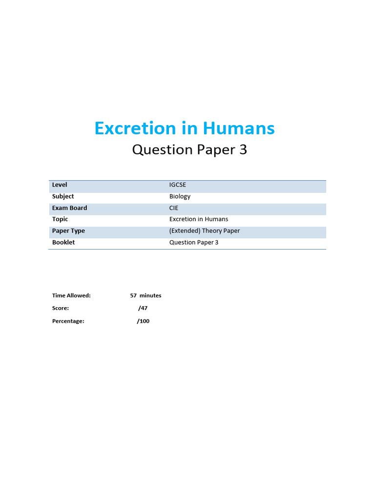IGCSE Biology Excretion Exam Paper | PDF | Kidney | Medical Specialties
