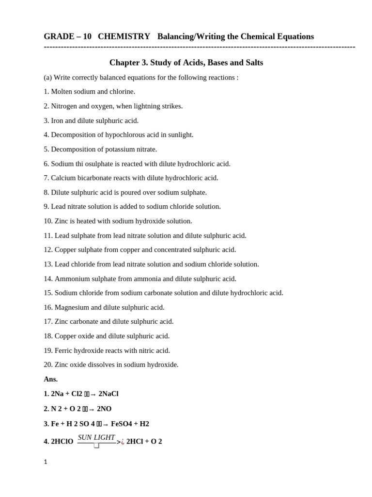 Balanced Chemical Equations for Class 10 | PDF | Hydroxide | Sulfuric Acid