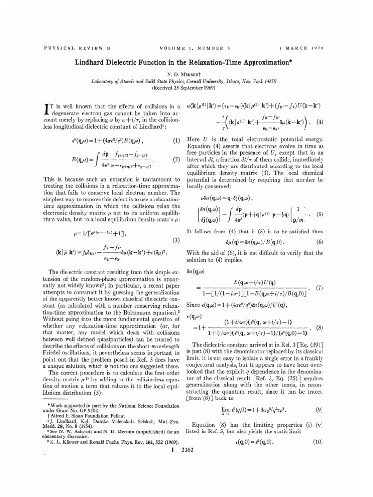 Lindhard Dielectric Function in The Relaxation-Time Approximation | PDF | Electron | Physics